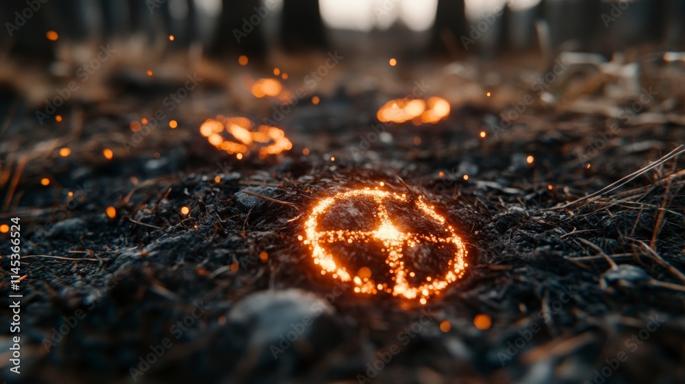 Glowing embers form radiation symbols on scorched earth in a dark ...