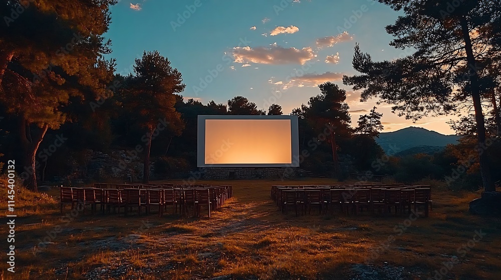 Giant white cinema screen in an outdoor amphitheater surrounded by a ...