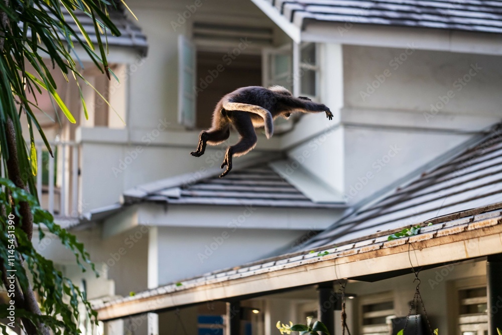 Group of Dusky Leaf Monkey Jumping Through the Rooftop in Penang ...