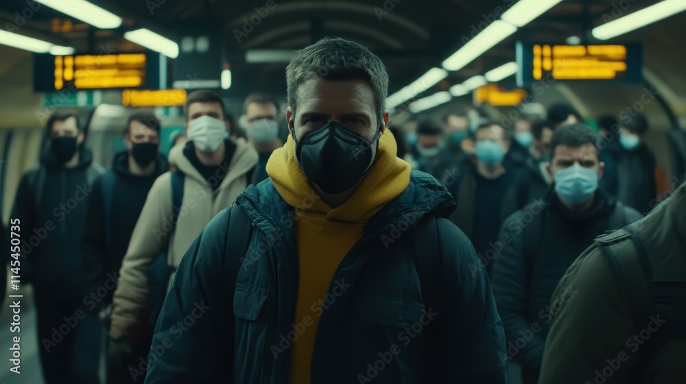 A public transport station overcrowded with commuters wearing masks ...