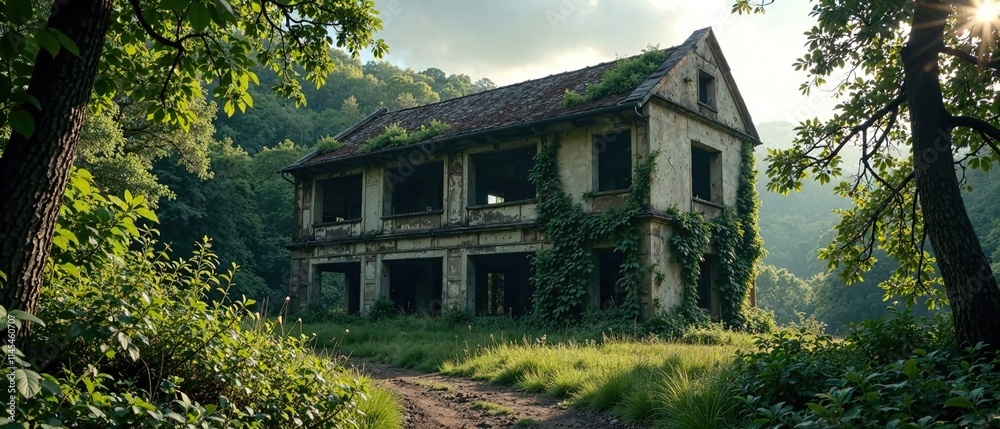 Ruined Mansion, Desolate Landscape, Dramatic Lighting, Decaying ...