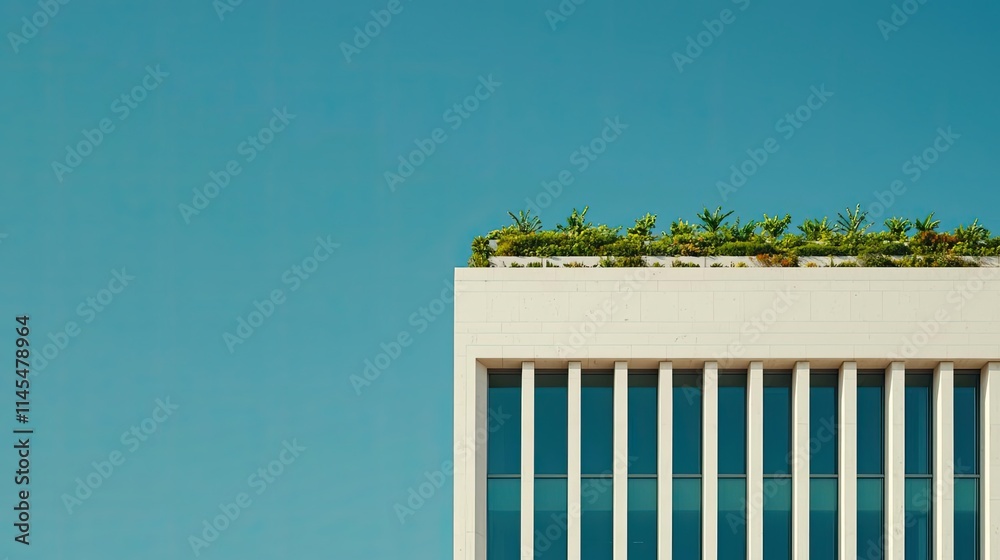 Net zero sustainability idea. Modern building with green roof and clear ...