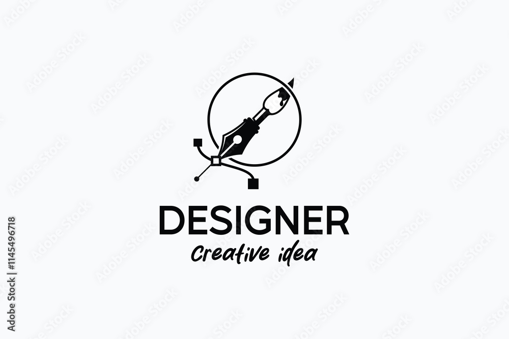Logo for designer or illustrator with pen and brush tool cursor icon symbol, curve point art ...
