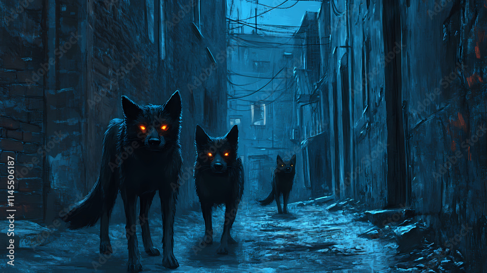 Ilustración de Stock Feral dogs roaming a deserted alley at night ...
