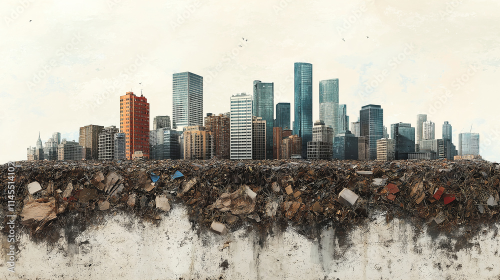 Urbanization and Waste. A collage of urban buildings rising above ...
