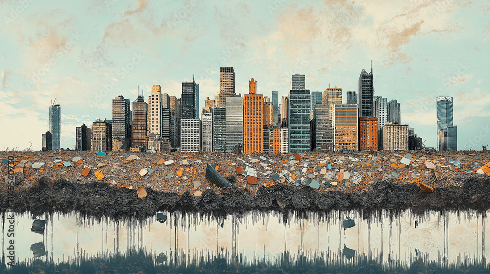 Urbanization and Waste. A collage of urban buildings rising above ...