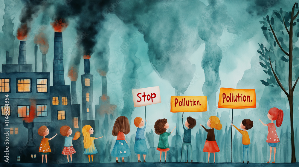 Stop Pollution. A factory emitting smoke on one side, while children on ...