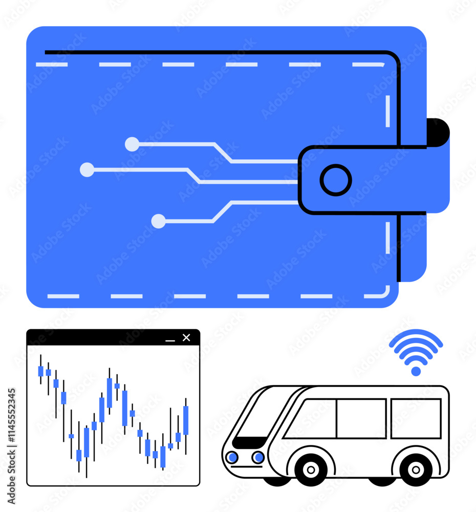 Digital blue wallet with circuit lines, financial chart with stock ...