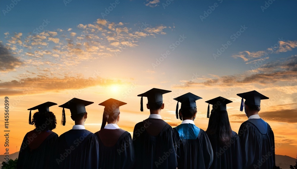 Silhouette Of A Graduation Ceremony. Silhouettes Of Students With ...