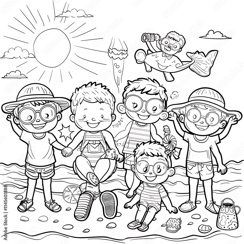 Ilustración de Stock Children enjoying a fun day at the beach coloring ...