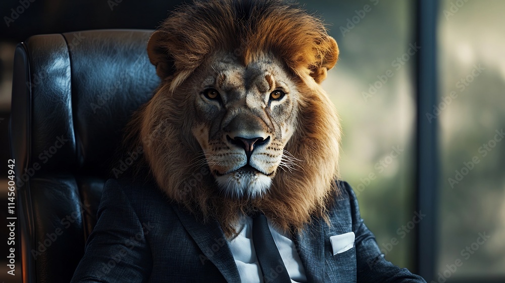 A majestic lion wearing a formal business suit and tie is seated ...