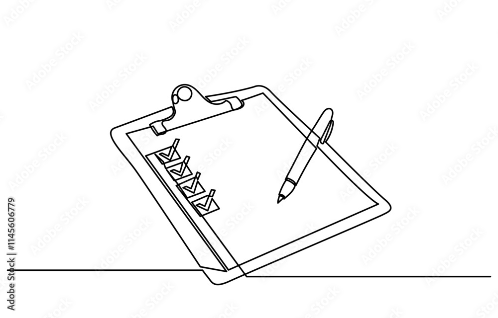 Continuous line drawing of Clipboard with checklist and pen.To do list ...