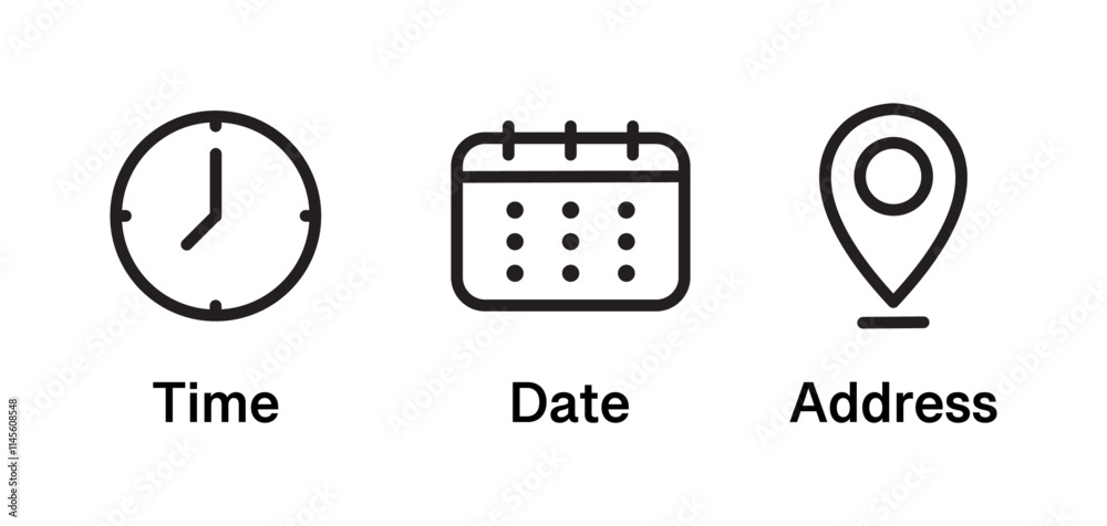 Time, date, location, address icon set symbol. Event elements, contact information, clock, pin ...