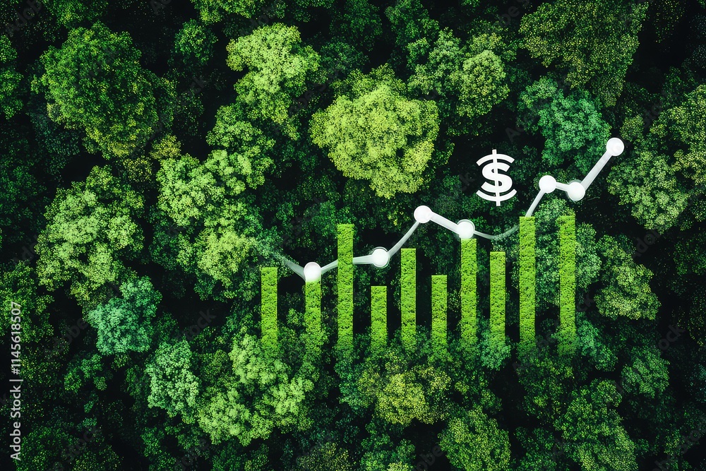 A digital concept image showing an aerial view of a green forest, with ...