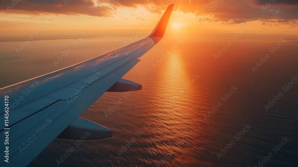 Airplane flight in sunset sky over ocean water and wing of plane. View ...