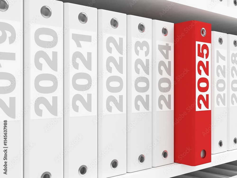 Office folders on the shelves. New Year 2025 concept. 3d rendering ...