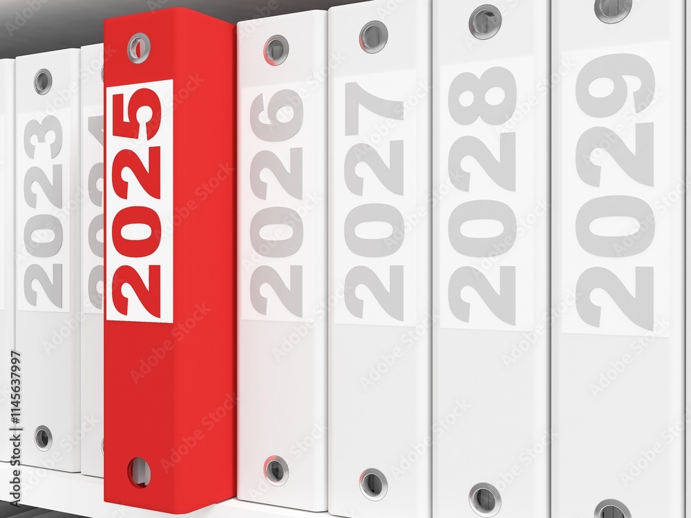 Office folders on the shelves. New Year 2025 concept. 3d rendering ...