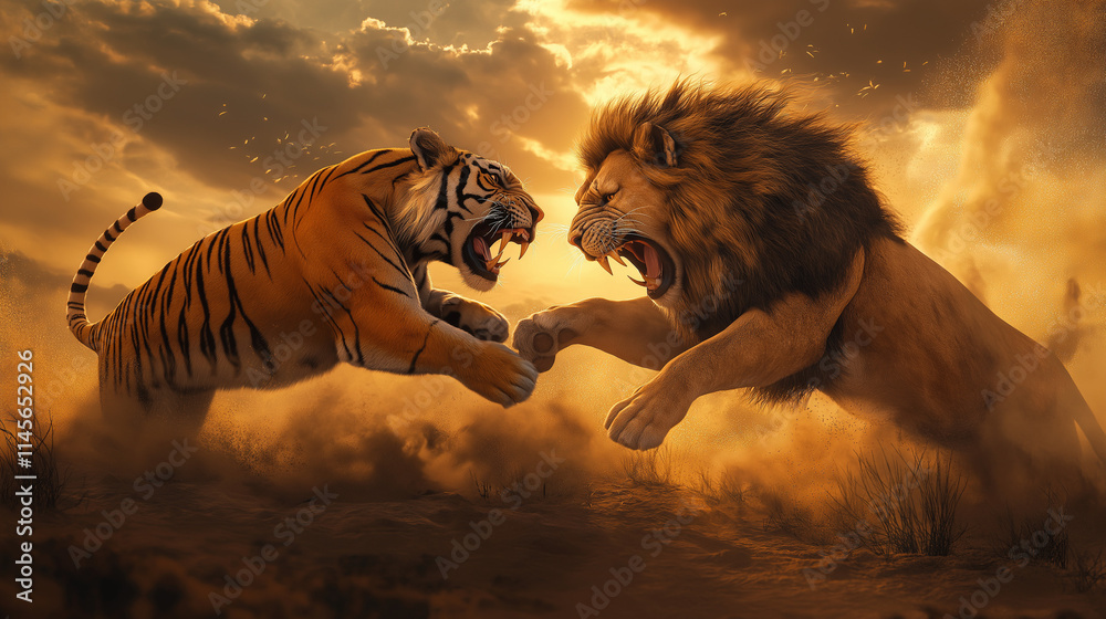 Background of a lion and tiger fighting fiercely AI Generated Stock ...