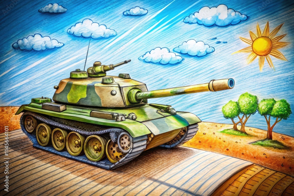 Cartoon Battle Tank Sketch: Military Vehicle Illustration, War Machine ...