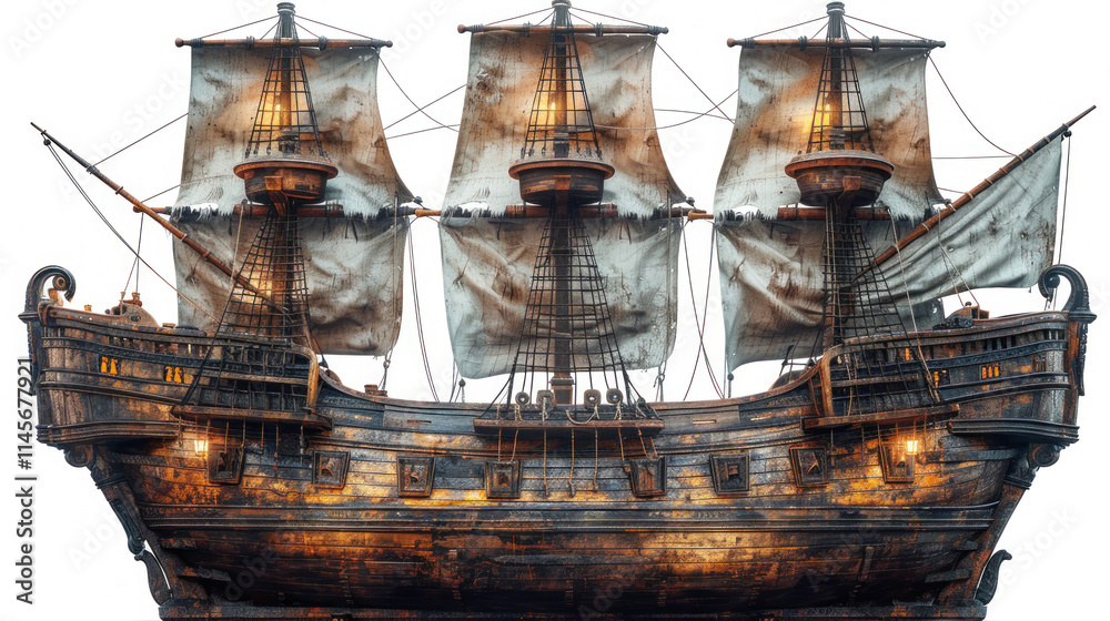 Ancient pirate ship illustration in PNG style with transparent ...