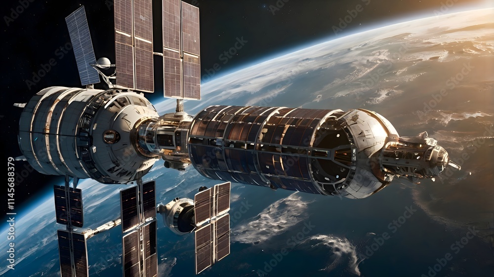 Futuristic space station orbiting a distant planet, with solar panels ...