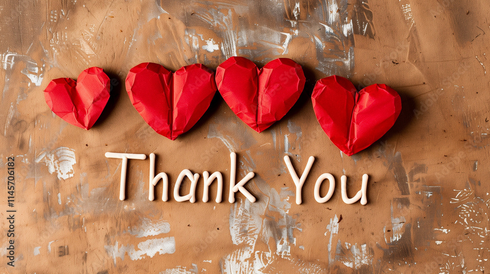 Red heart shapes with 'Thank You' text on a rustic textured background ...