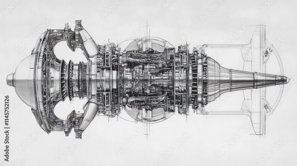 Detailed longitudinal section diagram of a turbine engine showing blade ...