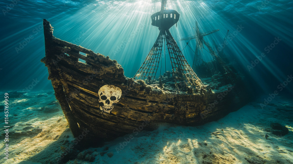 Wreck pirate ship, sunken filibuster vessel, wooden boat with jolly ...