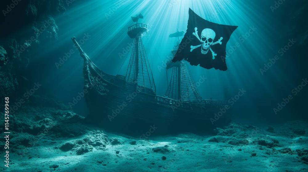 Wreck pirate ship, sunken filibuster vessel, wooden boat with jolly ...