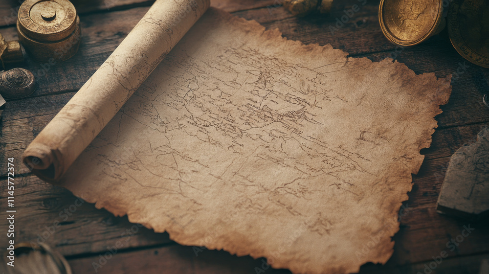 Realistic open parchment scroll isolated on transparent background. Vector illustration of old ...