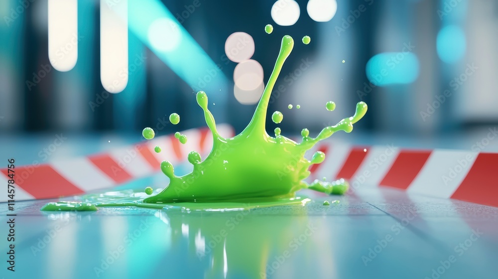 A spill of a fluorescent green liquid on a laboratory floor, cordoned ...