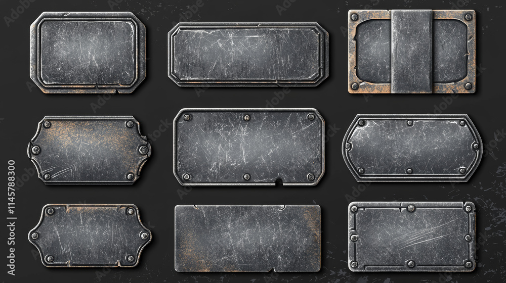 Black metal labels set isolated on background. Vector realistic ...