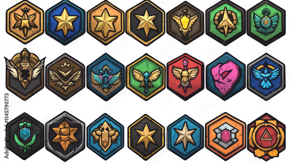 Medal and badge with star and wings for game ui level rank design ...
