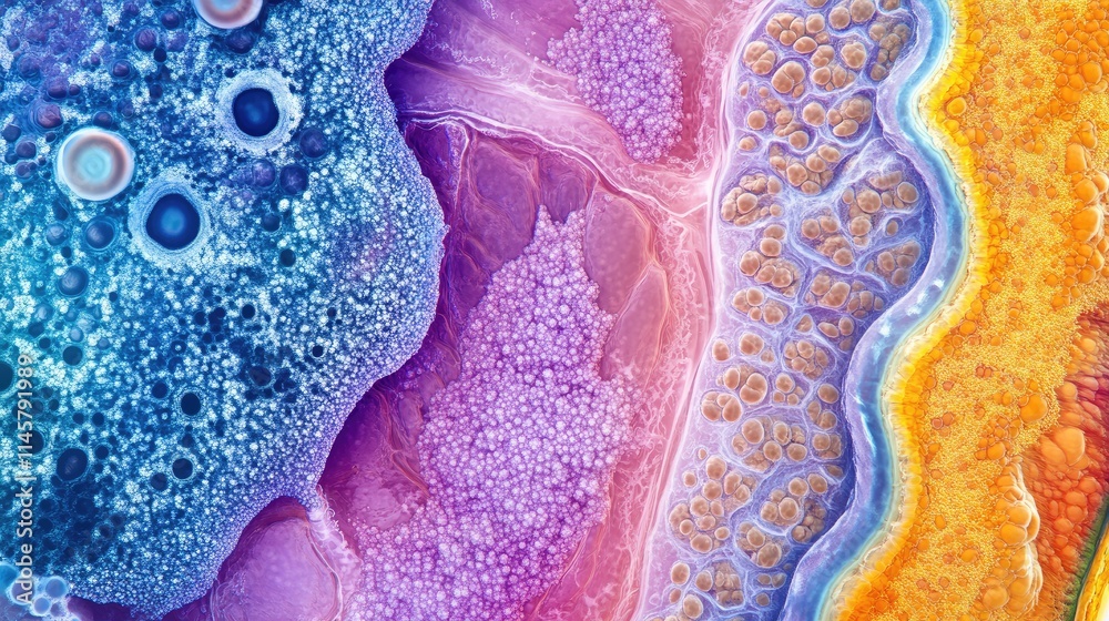Cross section of stomach tissue revealing intricate cellular structure and vivid coloration ...