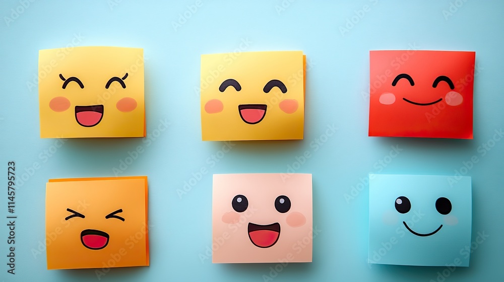 Sticky note faces on a wall represent emotions, serving as creative ...