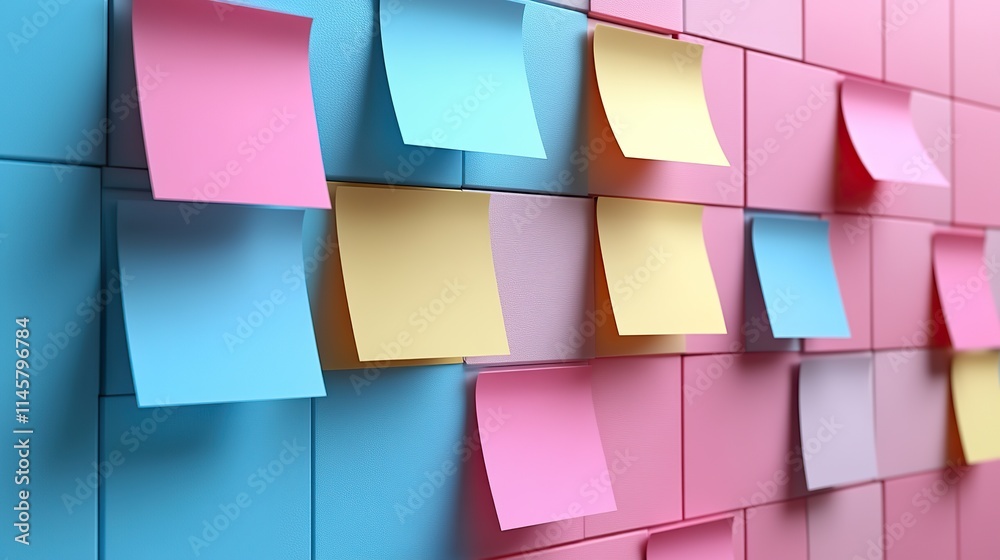 Sticky notes with art and creativity represent ideas, vision, planning ...