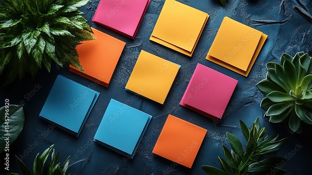 Sticky notes with art and creativity represent ideas, vision, planning ...