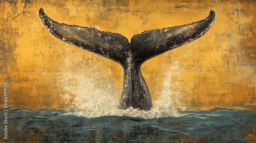 Humpback whale tail splashing in ocean water creating a dynamic scene ...