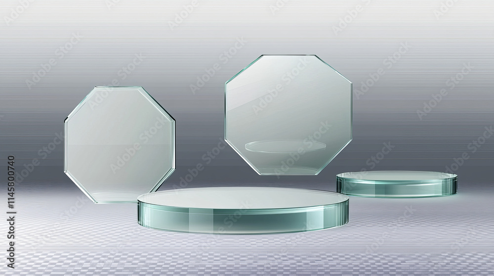 3D round and hexagon glass platforms set isolated on transparent ...