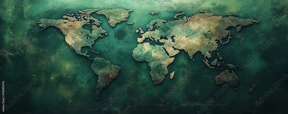 Artistic world map in shades of green, with each continent highlighted ...