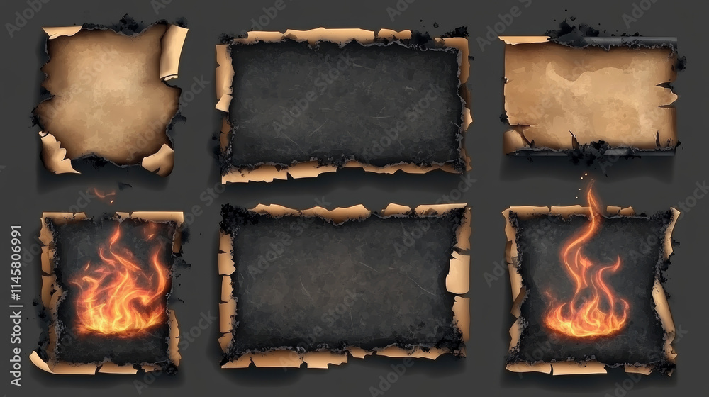 Burnt paper edges and parchment sheets with fire and black ash isolated ...