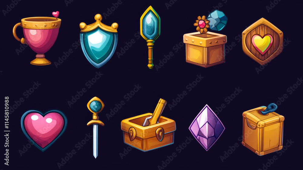 Set of game icons, shield, sword, lightning flash and heart, golden cup ...