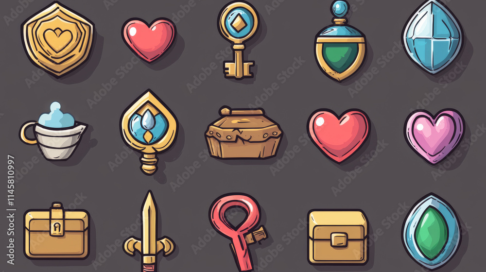 Set of game icons, shield, sword, lightning flash and heart, golden cup ...