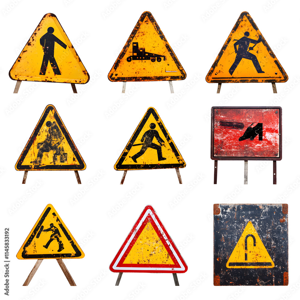 Construction safety signs display urban area image set indoor studio ...