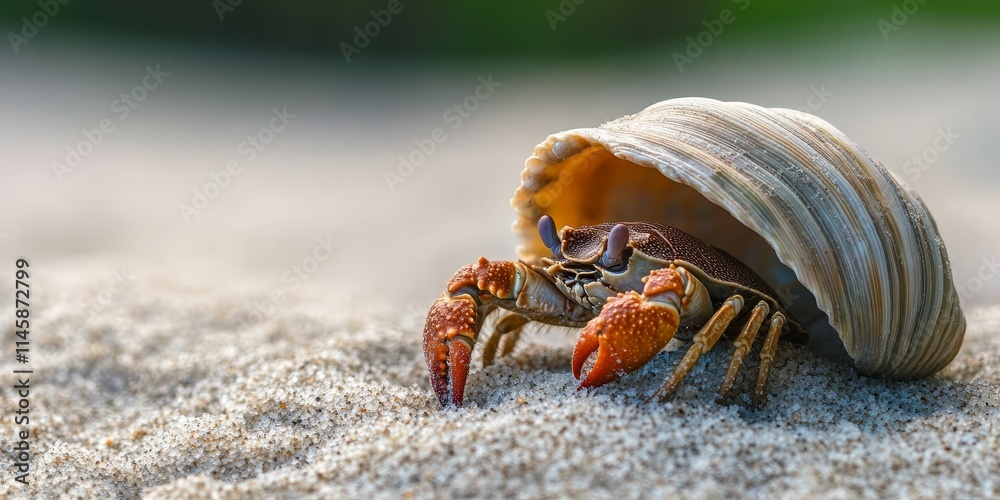 Hermit crab residing in a shell on a sandy beach, showcasing its unique ...