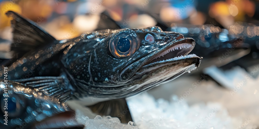Deep sea Black scabbardfish displayed prominently at a bustling fish ...