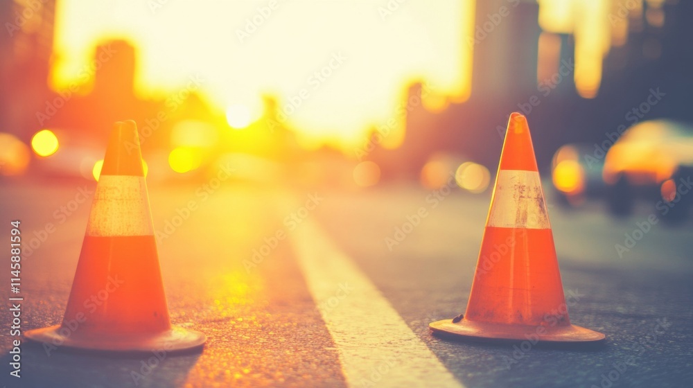 Bright sunset casts warm light on traffic cones placed along city ...