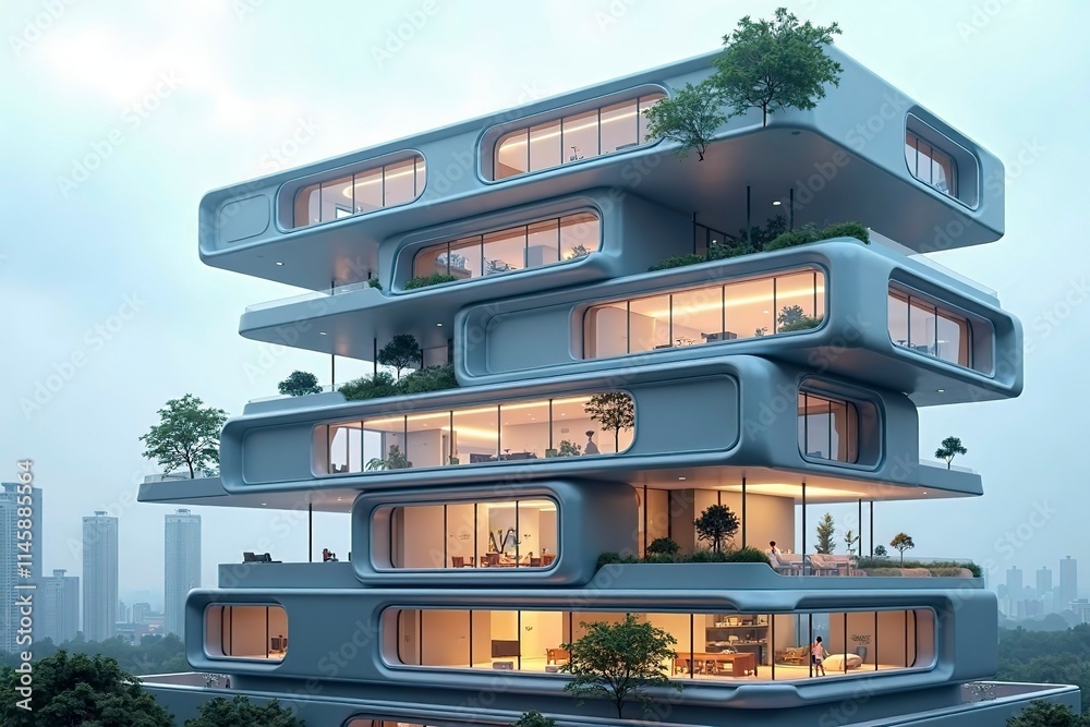 Futuristic multi-story building with interconnected rectangular levels, large glass windows ...