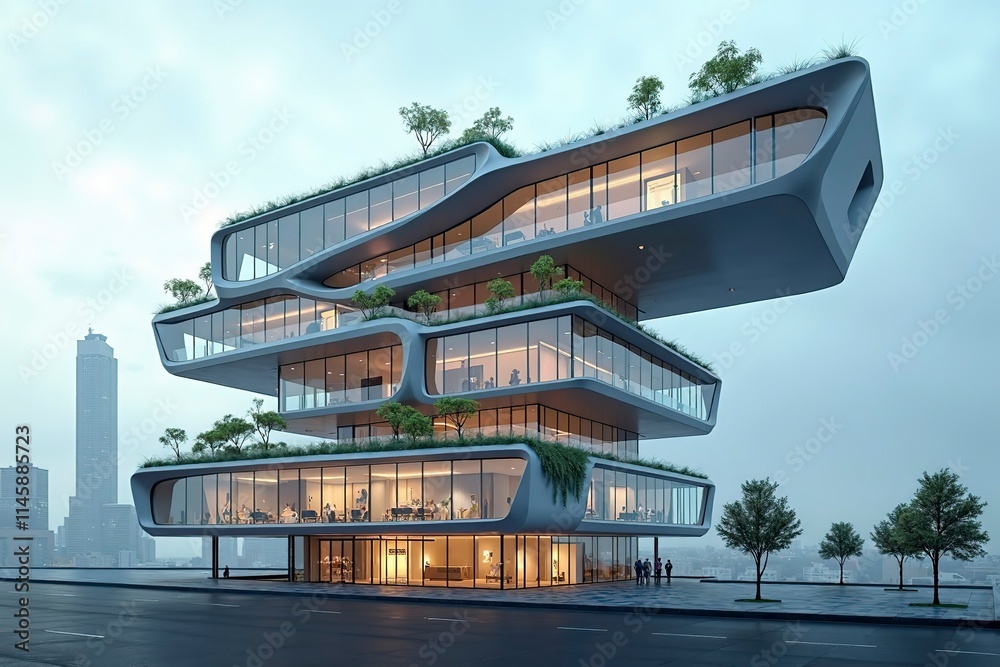 Futuristic multi-story building with interconnected rectangular levels ...