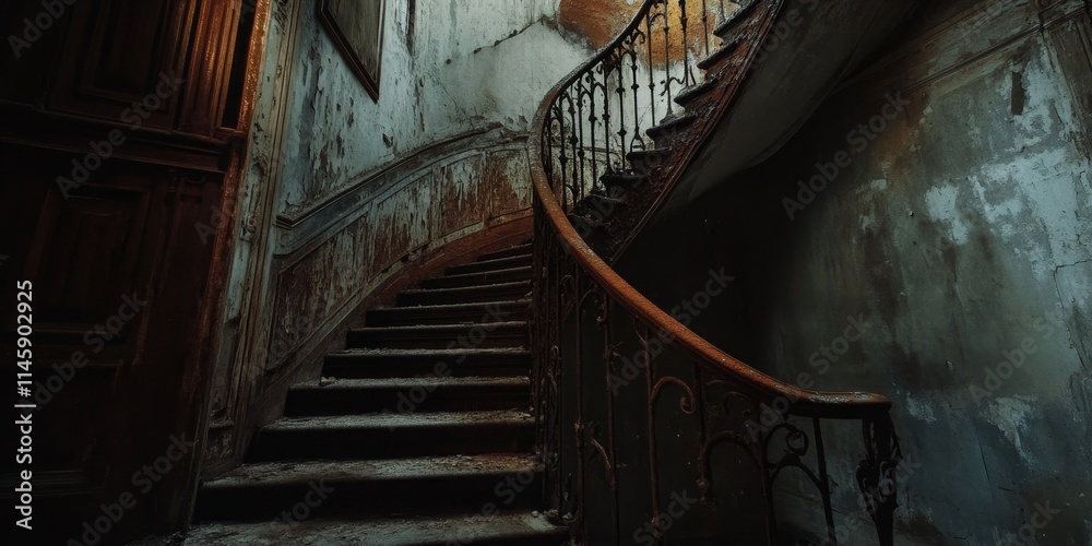 Decayed and weathered, the old rusty staircase stands as a striking ...